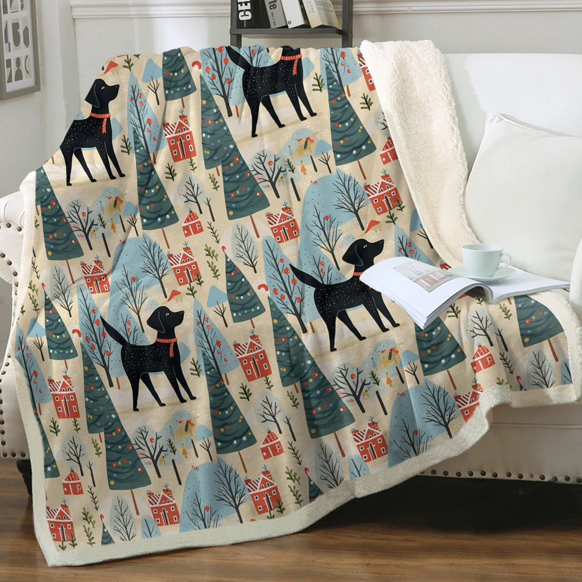 Labrador Christmas Blanket - Winter Village Black Labrador Christmas