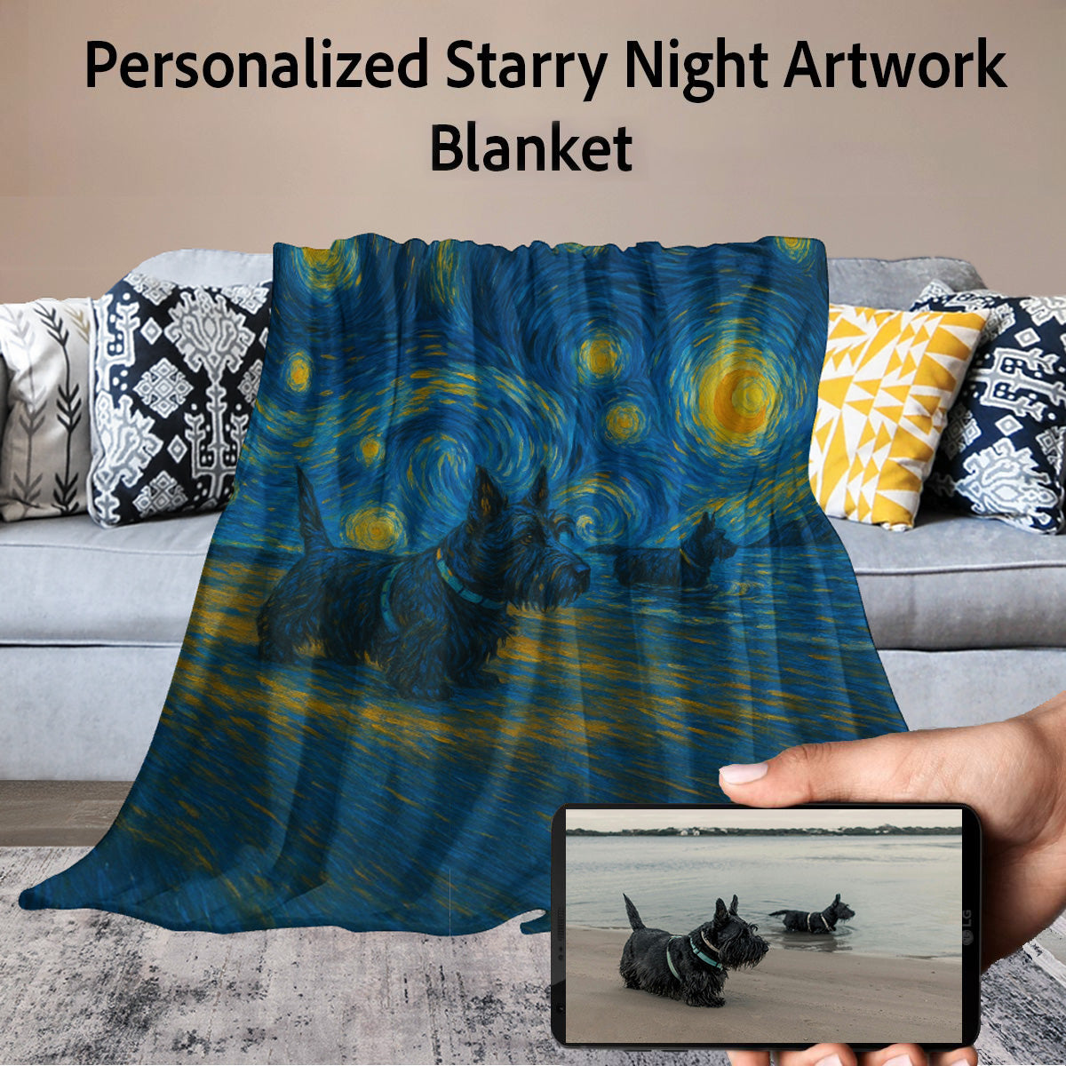 Personalized Starry Night Artwork Custom Scottie Dog Blanket
