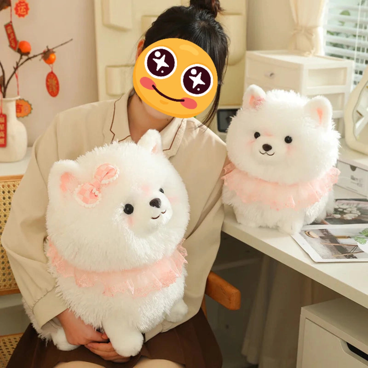 Pink Ruffle Collar White Pomeranian Stuffed Animal Plush Toy