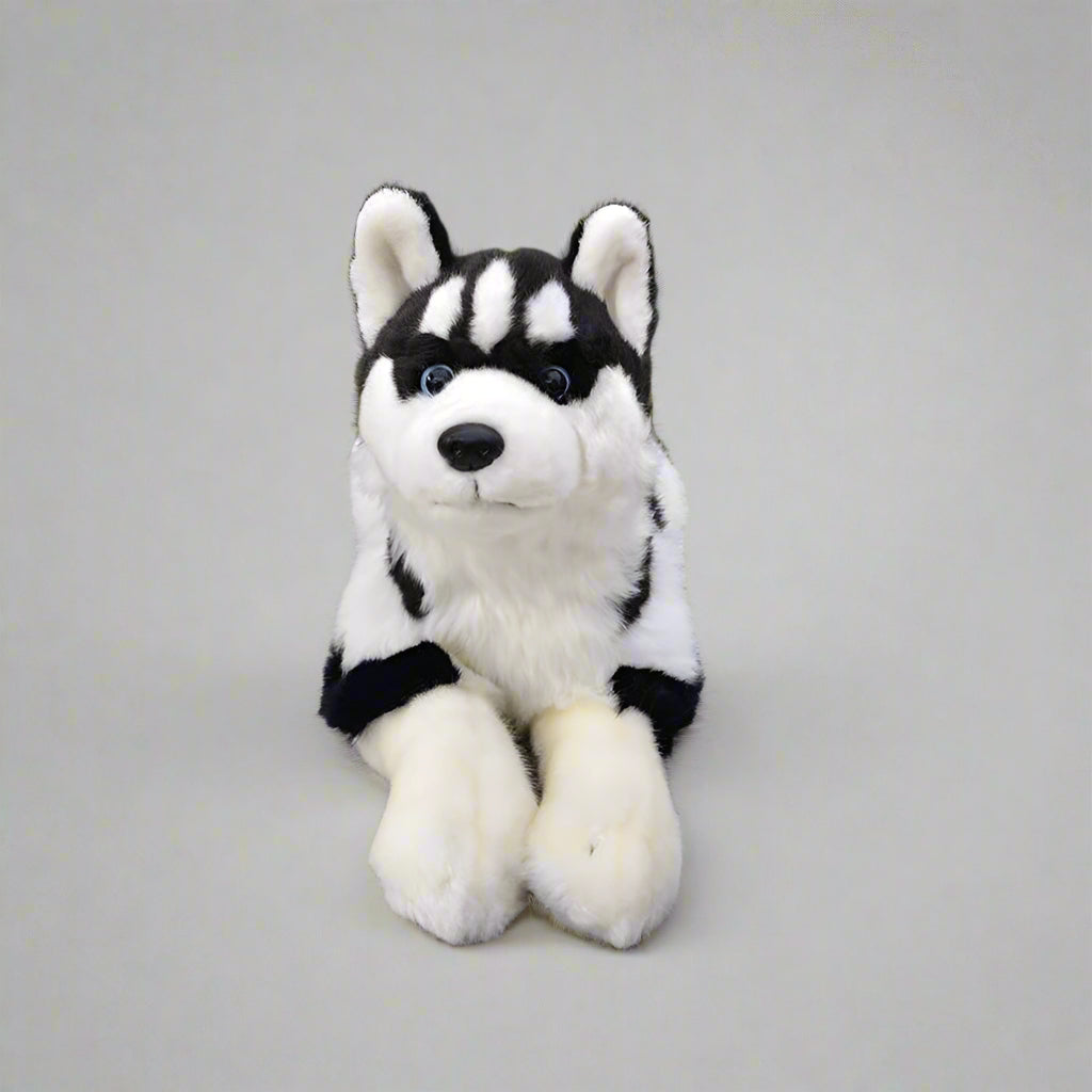 Realistic Belly Flop Black and White Husky Stuffed Animal Plush Toy