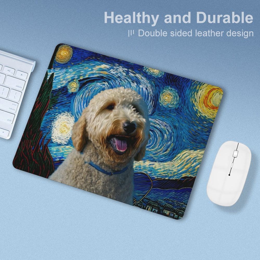 Starry Night Serenade Goldendoodle Leather Mouse Pad