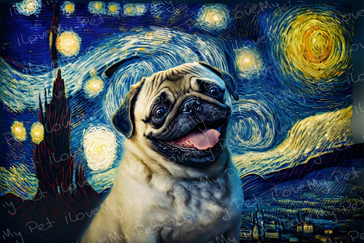 Starry Night Serenade Pug Wall Art Poster